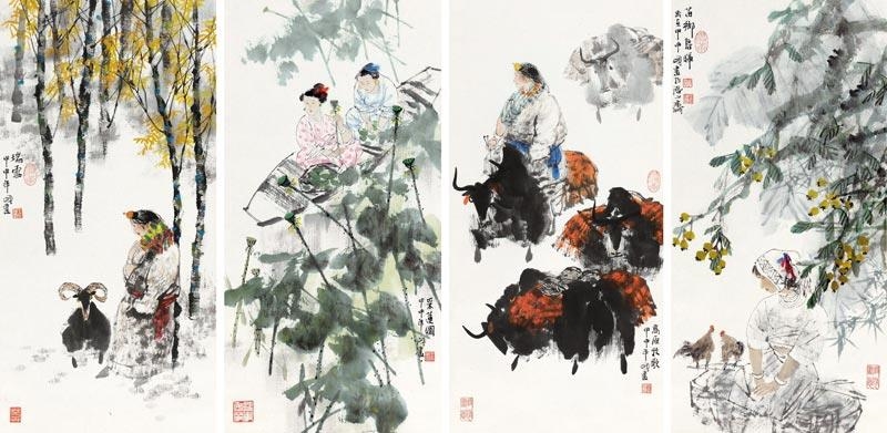 Wang Mingming | Set of 4; Figures and Landscape Screens (2004) | MutualArt