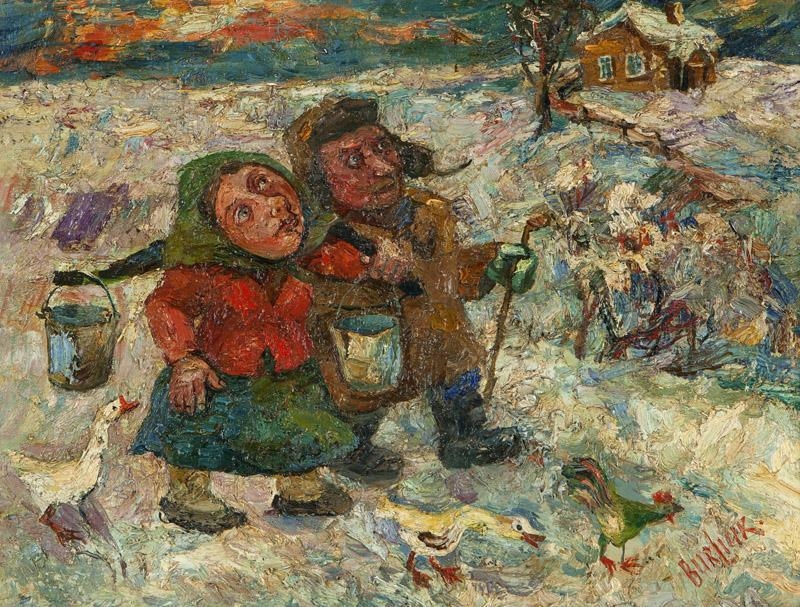 David Burliuk | Winter farm scene with figures | MutualArt