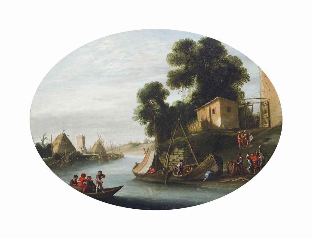 Agostino Tassi | A river landscape with a ferry crossing and boat ...