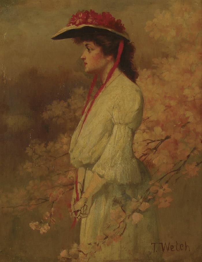 Thaddeus Welch | Victorian woman among cherry blossoms | MutualArt