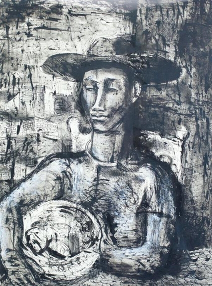 Donald Friend | Young Man with Basket in Town Setting (1947) | MutualArt