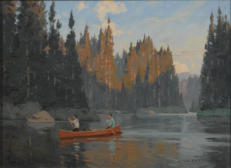 Eric Riordon | A lake scene with with two figures canoeing in the ...