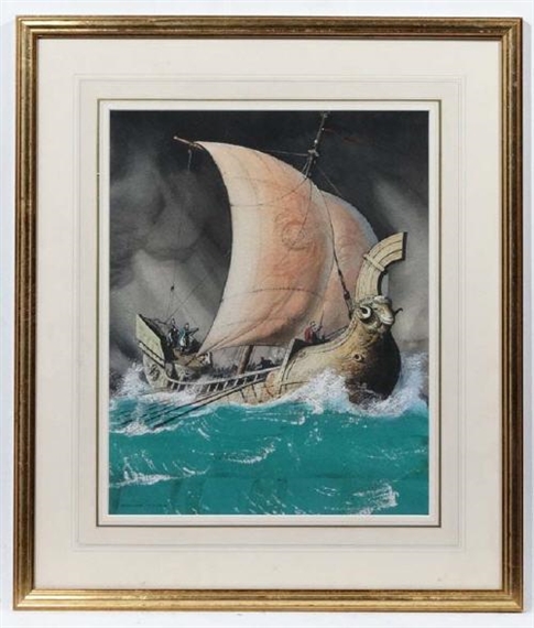 Rowland Hilder | A Roman Galley with Ram's head figurehead at the ship ...