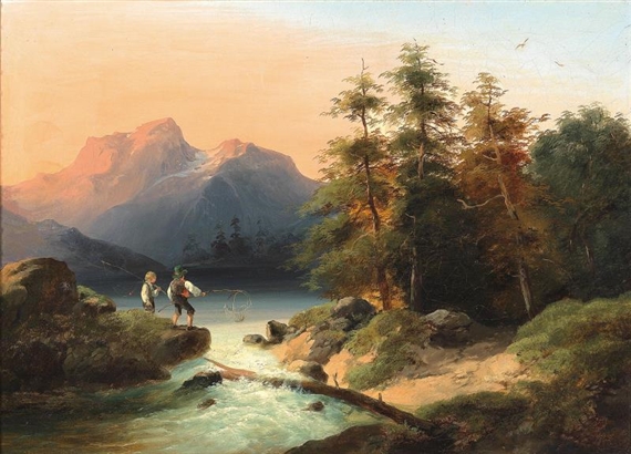 Joseph Höger | Two Young Anglers in an Alpine Landscape (1854) | MutualArt