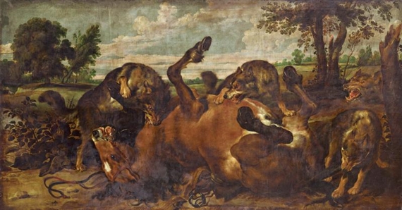 Paul de Vos | Wolves attacking a horse | MutualArt