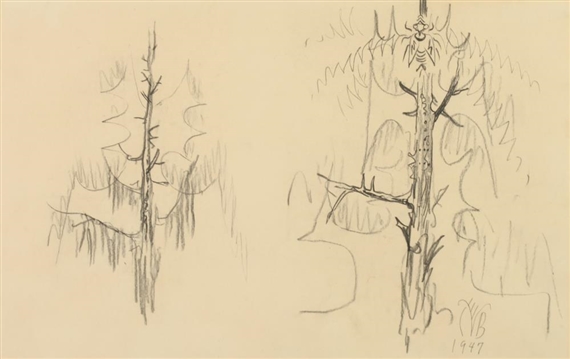 Charles Ephraim Burchfield | STUDY OF TREES WITH CICADA (1947) | MutualArt