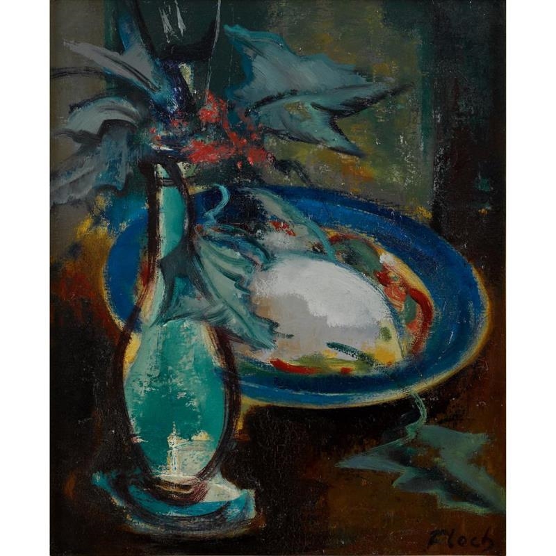 Joseph Floch | STILL LIFE WITH PLATE AND FLOWER VASE (1955) | MutualArt