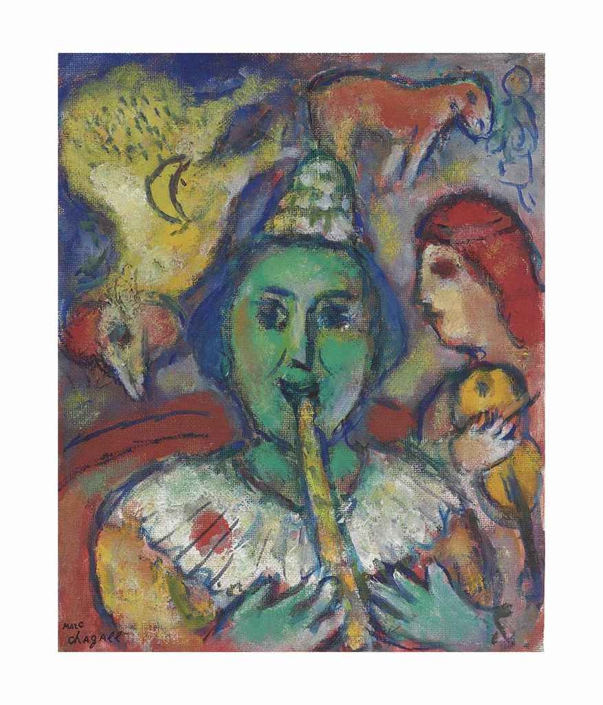 Marc Chagall | Le clown flûtiste au coq (1970 - 1975) | MutualArt