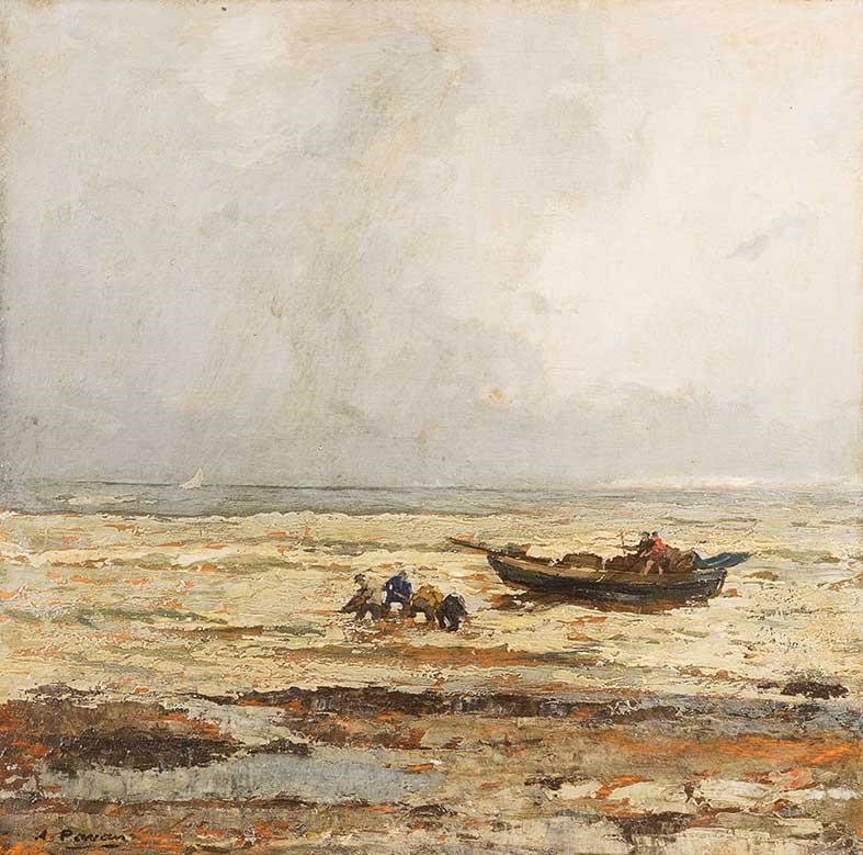 Angelo Pavan | FISHERMEN AND SHIP NEAR THE SEASIDE | MutualArt