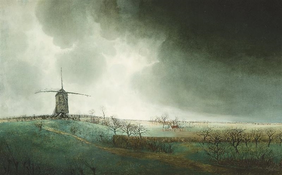 Leo Piron | A mill in a landscape at Volkegem (1937) | MutualArt