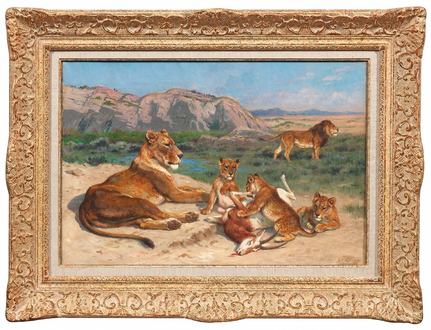 Georges Frédéric Rötig | Lions and cubs feasting on a gazelle (1921) | MutualArt