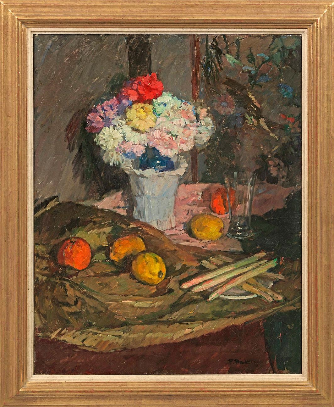 Friedrich Rinkel | Bouquet of flowers with fruit and asparagus. Oil on ...