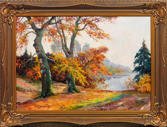 Willy Herrmann | An autumn landscape with a view on a lake | MutualArt