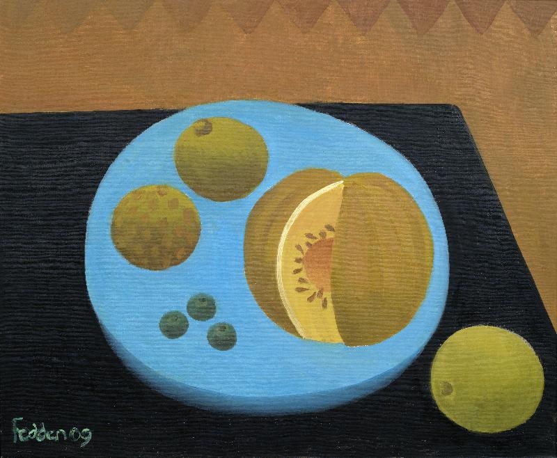 Mary Fedden | Still life of fruit on a blue plate (2009) | MutualArt