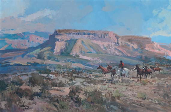 Jack Elmo King | Rider leading horses in a desert terrain | MutualArt