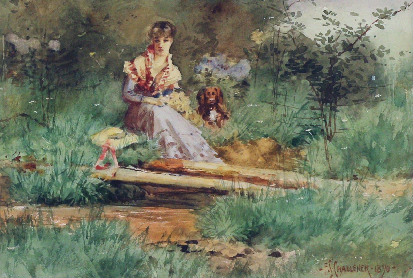 Frederick Challener | A woman and her dog in a wooded scene (1890 ...