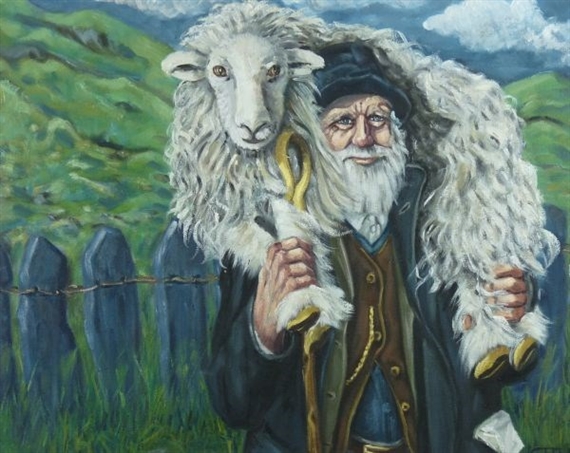 Carl Hodgson | shepherd carrying a sheep on his back with crook in hand ...