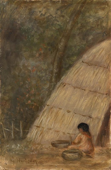 Grace Carpenter Hudson | Pomo Indian child seated by a hut | MutualArt