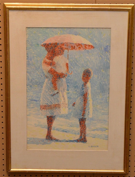 Larry Gluck | Mother w/ children under umbrella (1964) | MutualArt