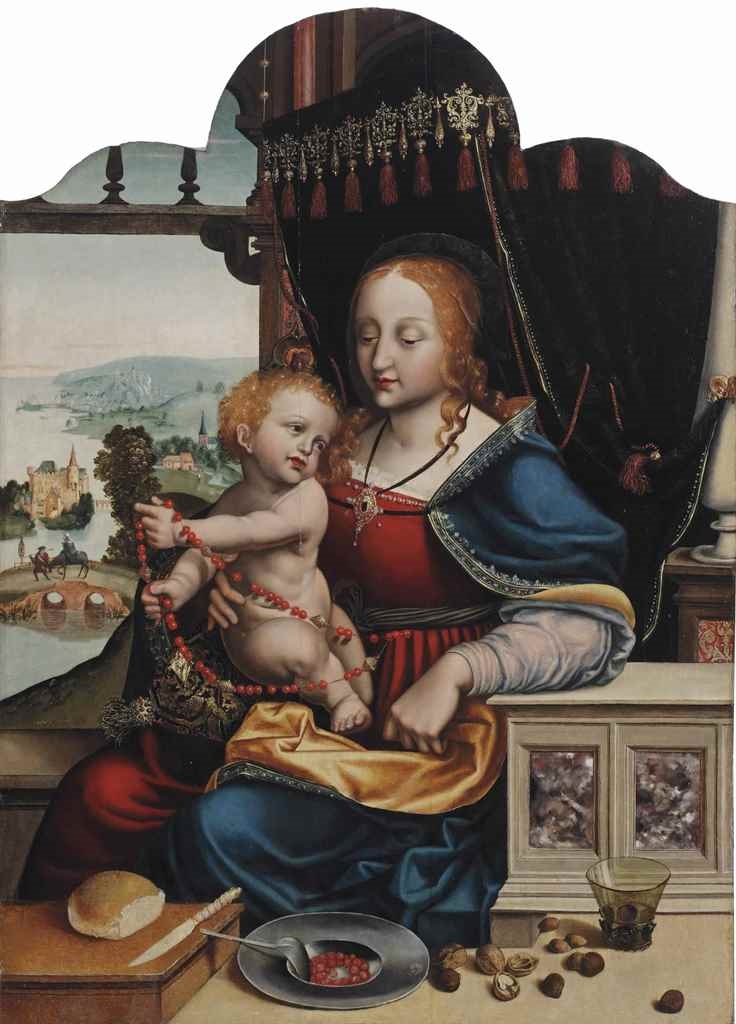 Joos Van Cleve | Madonna and Child with a rosary, seated before a landscape with The Flight to ...