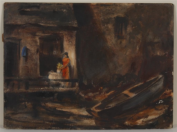 John C. Pellew | Woman in red dress on balcony with vase of yellow ...