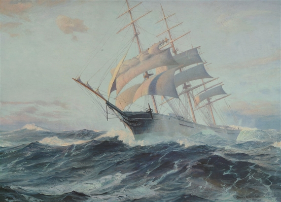 Charles Robert Patterson | Shortening sail, a ship in heavy seas ...