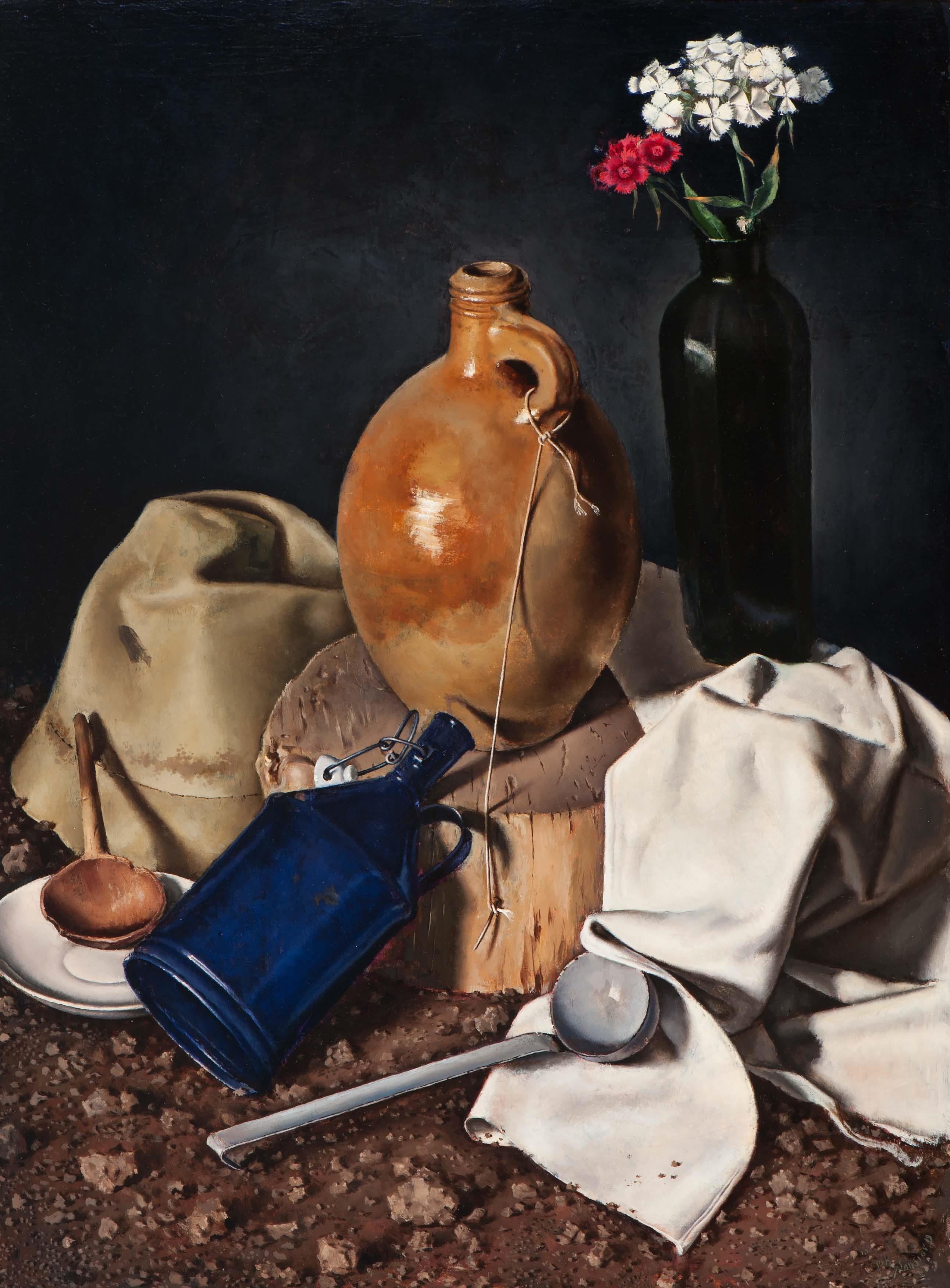 Johan Ponsioen | Still life with a jug, sweet William in a vase and a ...