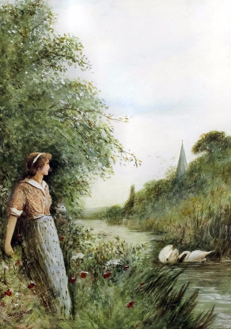 Frederick Hines | 3 works: River landscapes with maids to foreground As ...