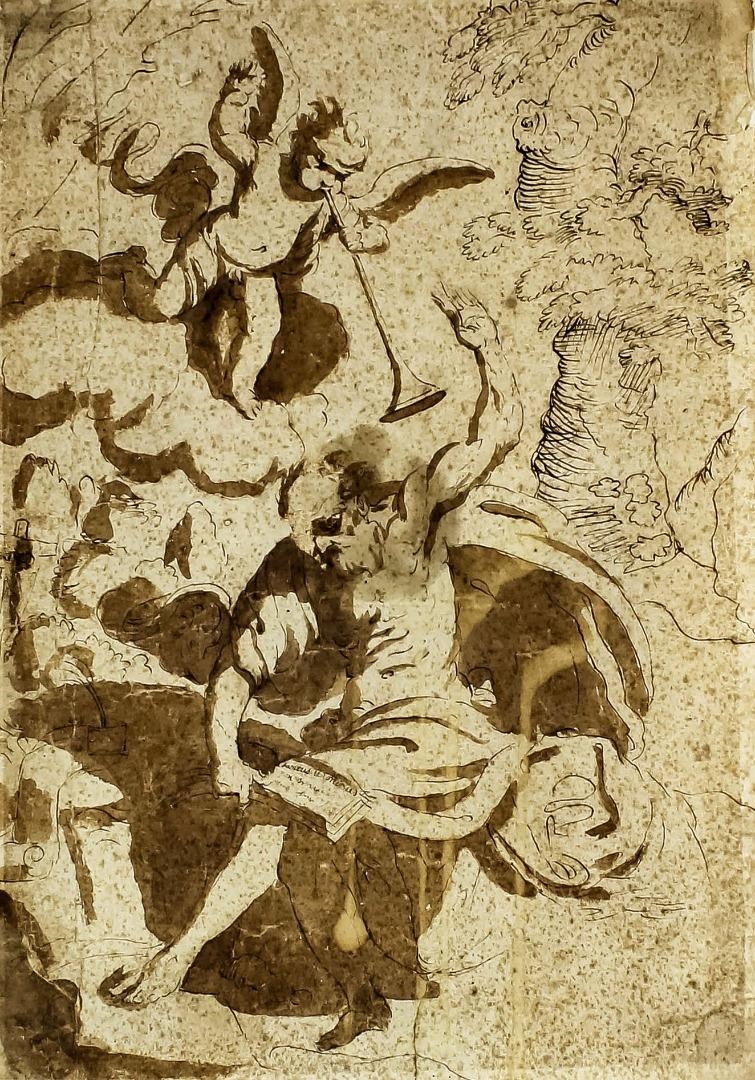 Domenico Maria Canuti | Winged cherub with trumpet hovering above a ...