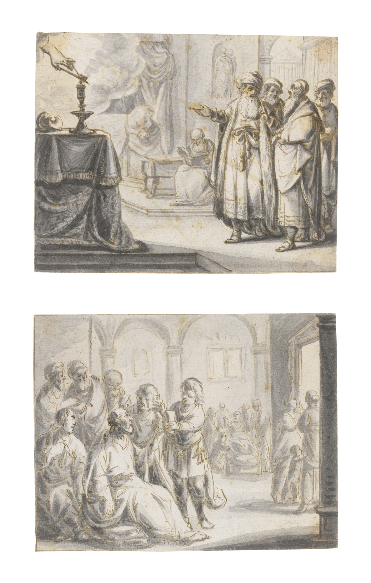 Pieter Jansz. | TWO ILLUSTRATION DRAWINGS: PHILOSOPHERS DISCUSSING THE ...