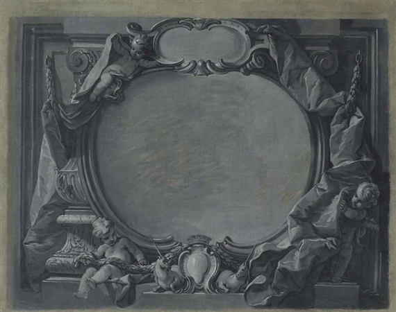 François Boucher | A trompe-l'œil cartouche with putti and unicorns ...
