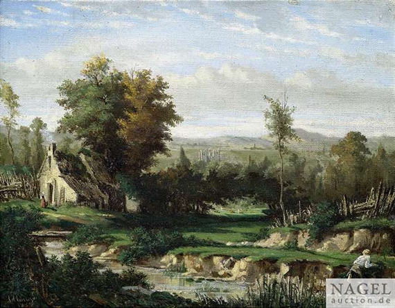 Auguste Allonge | River landscape with a farmhouse | MutualArt