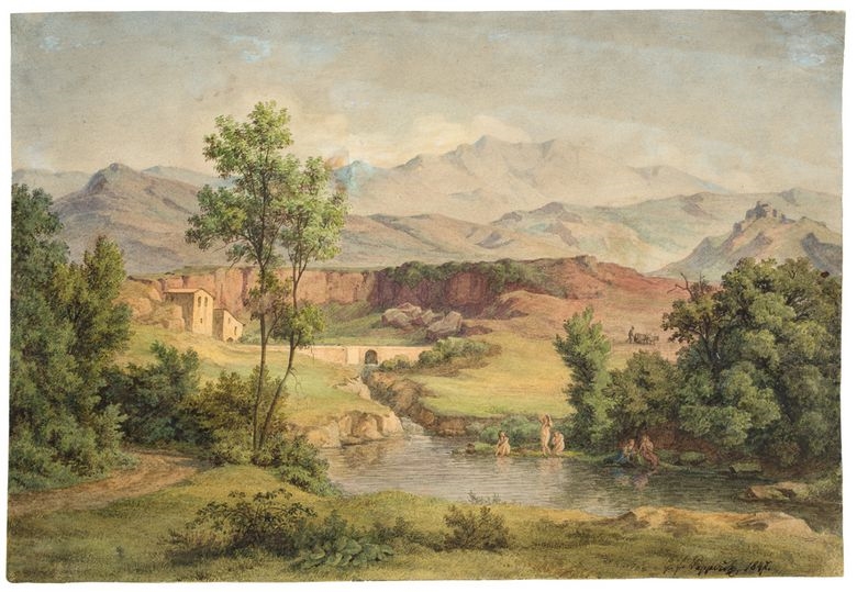 Gustav Friedrich Papperitz | Italienische landschaft mit badenden (1847 ...