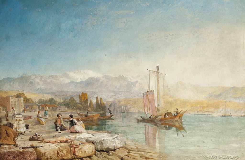 James Baker Pyne | A picnic on the lago d'Orta with the town of Omegna ...