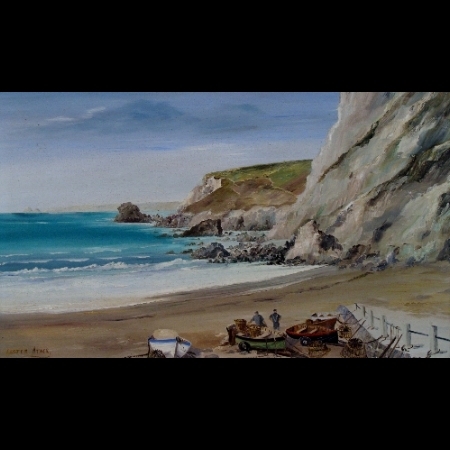 Lester Atack | Cornish coastal scene with fishermen and boats on a ...