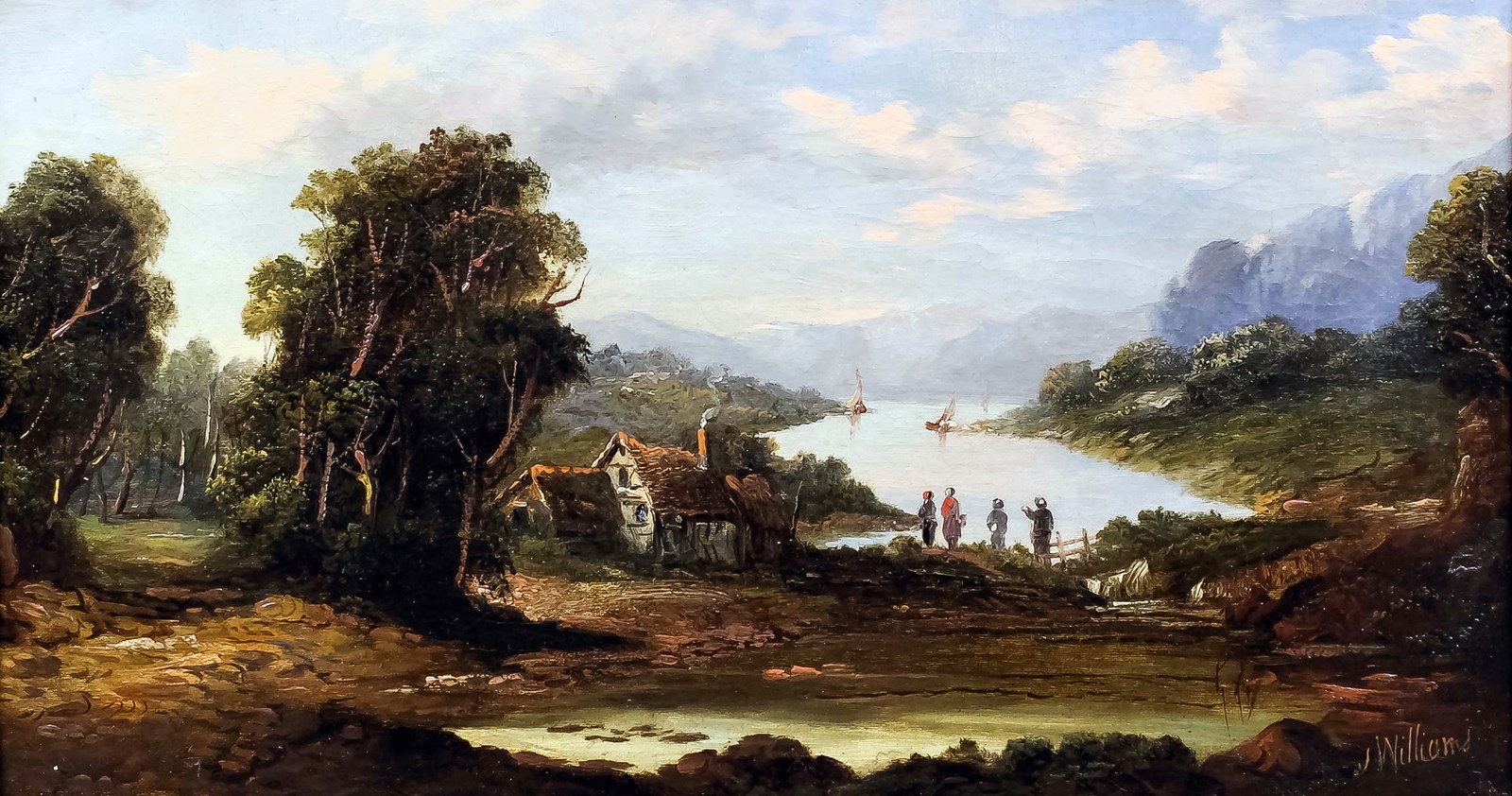 J. Williams | River landscape with cottage and people to foreground ...