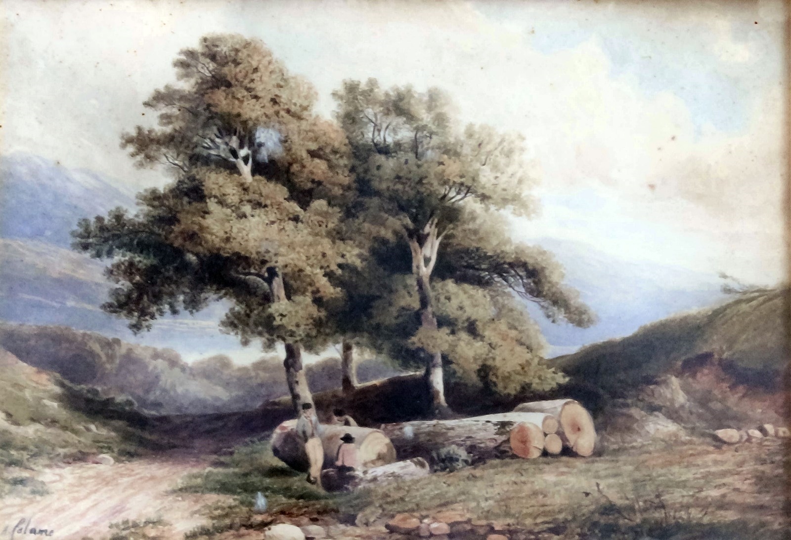 Alexandre Calame | Valley landscape with three figures beside felled ...