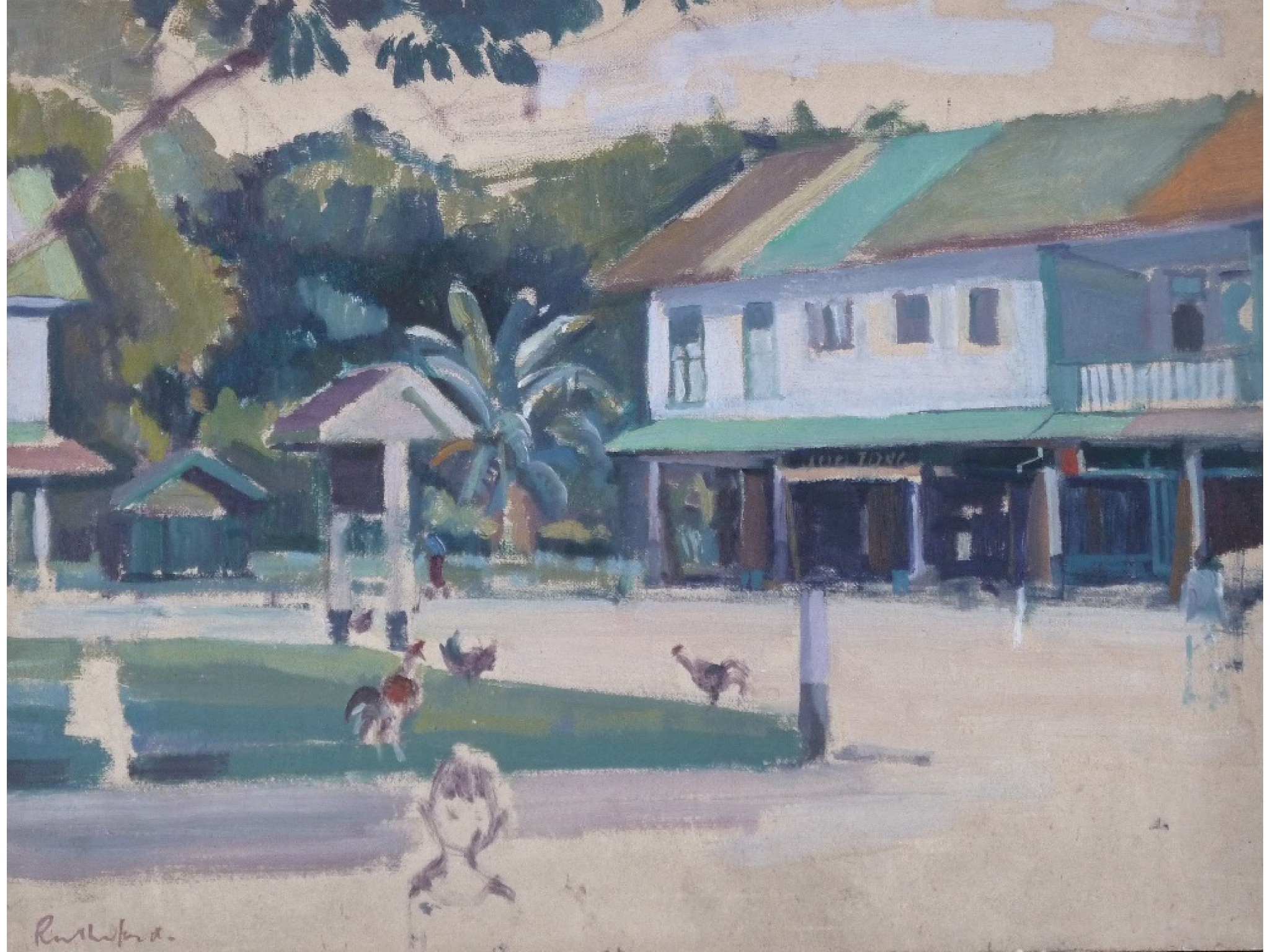Harry Rutherford | Town square Borneo, with figures and poultry | MutualArt