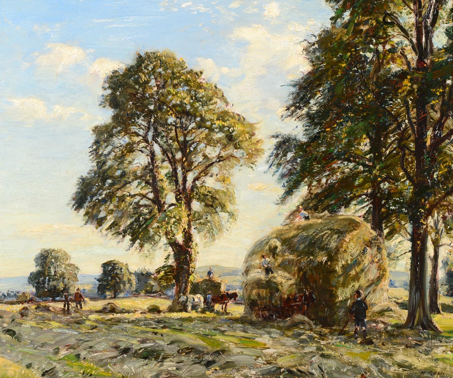 Herbert Royle | Figures carting and building a haystack in an breezy ...