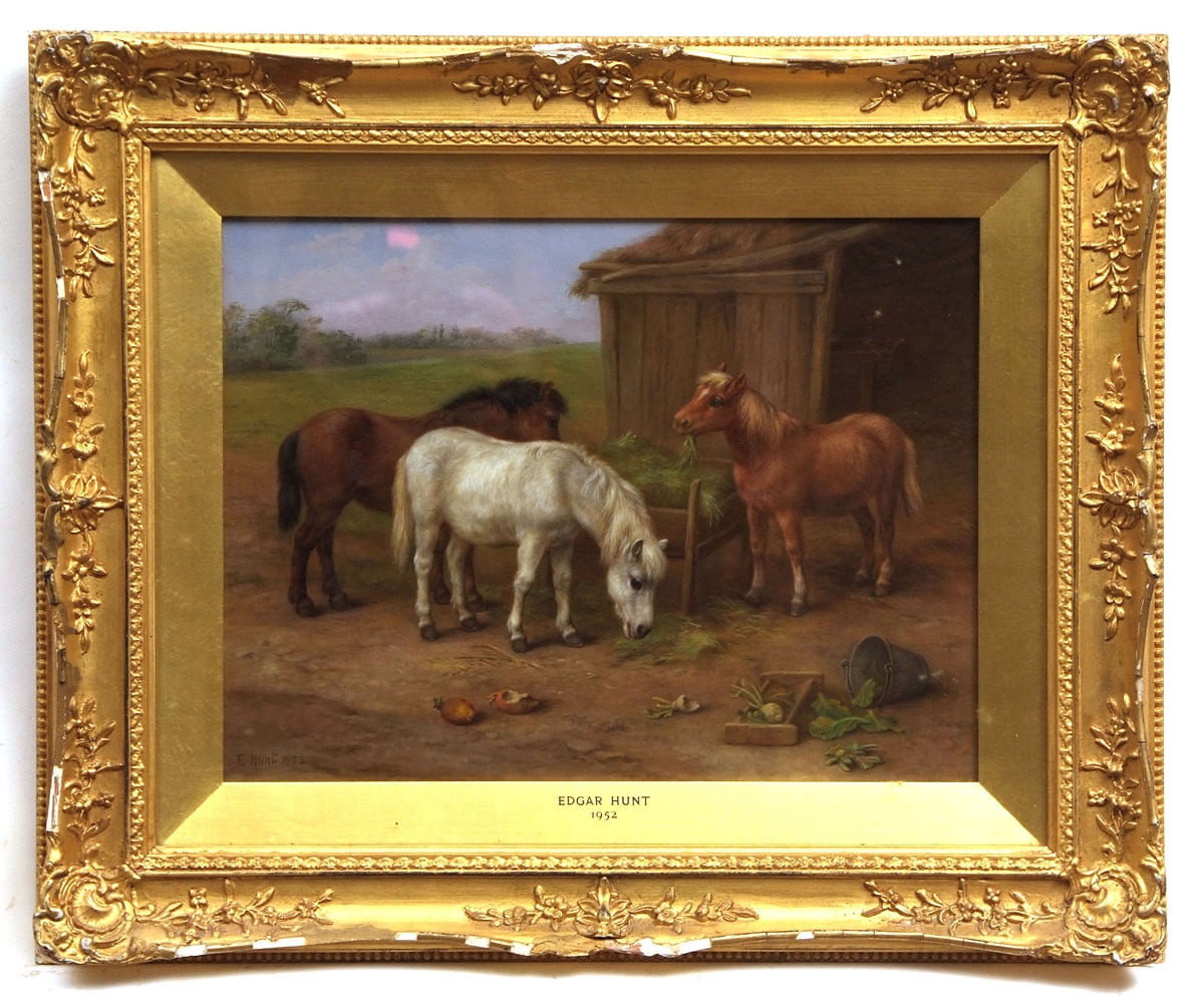 Edgar Hunt | Farmyard Scene with three Ponies Feeding (1952) | MutualArt