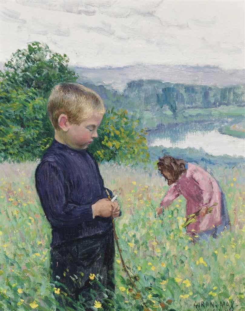 Léon Giran-Max | Children picking flowers by the river (1902) | MutualArt