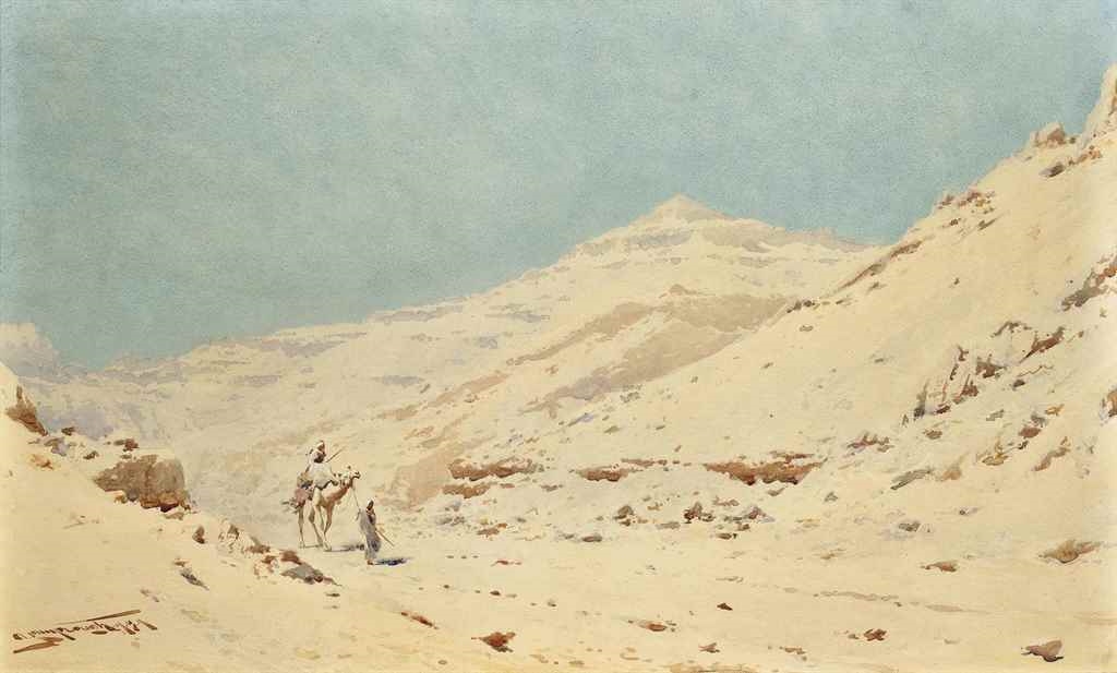 Augustus Osborne Lamplough | An Arab warrior in the desert at dusk; and ...