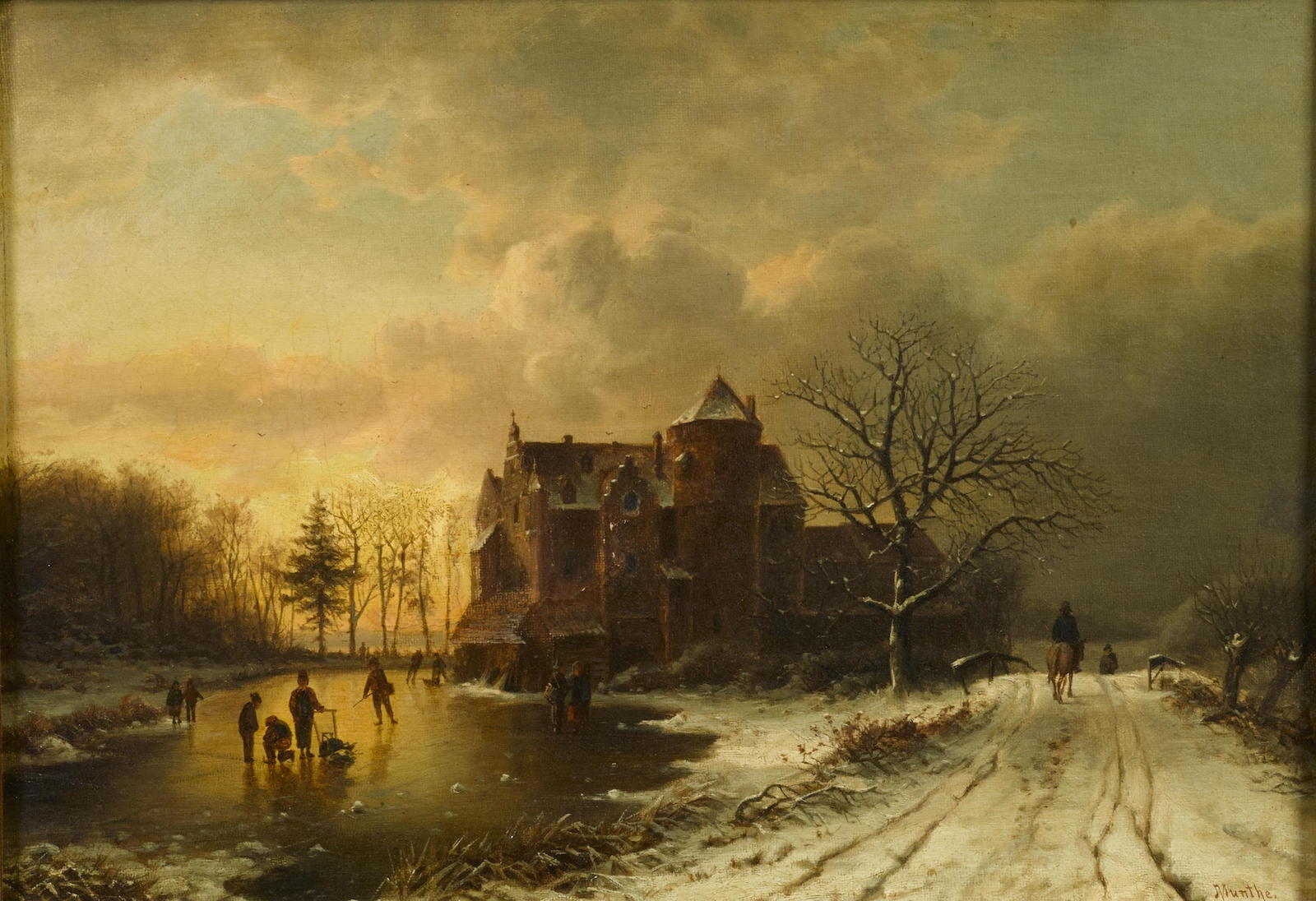 Ludwig Munthe | A winter landscape with skaters on a frozen pond ...