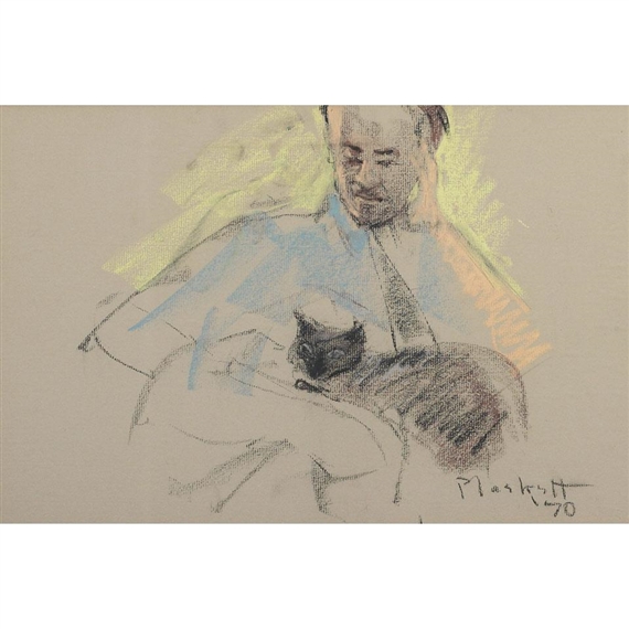 Joseph Francis Plaskett | SELF-PORTRAIT WITH SIAMESE CAT (1970) | MutualArt