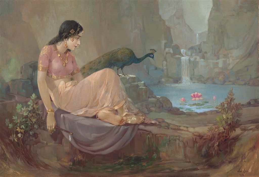 Ustad Allah Bux | Lady with a Peacock by a Rock Pool (1938) | MutualArt
