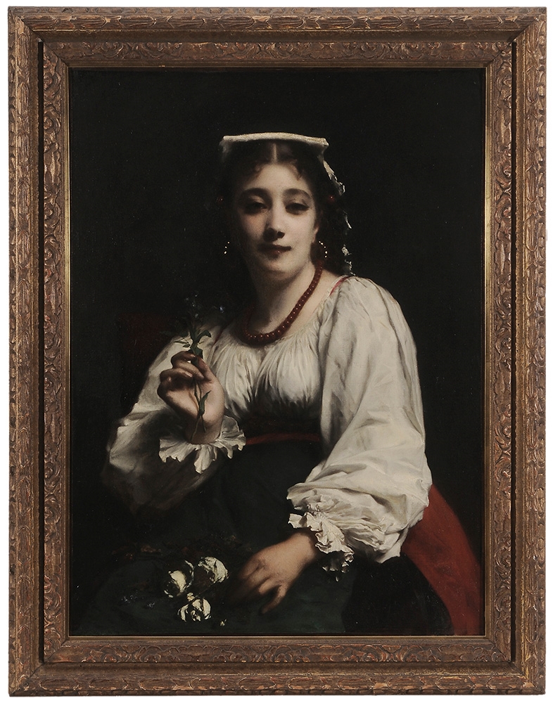 Étienne Adolphe Piot | A Seated Italian Beauty Holding Flowers | MutualArt