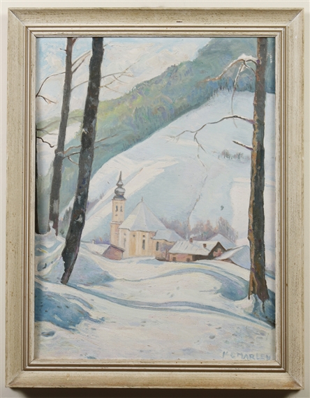 Karl Leopold Marley | Painting of a snowy hillside with cabins (Mid ...
