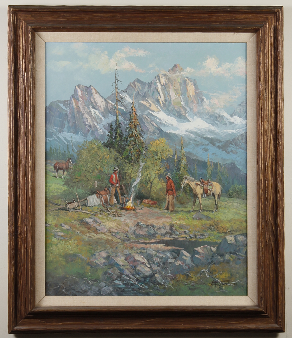 Fred Oldfield | Untitled painting of men at a campfire with horses, and ...