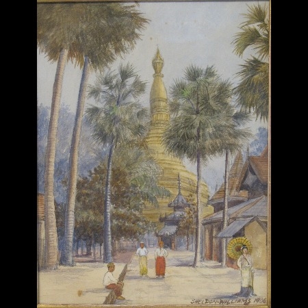 Inglis Sheldon-Williams | Eastern street scene with figures, palm trees ...