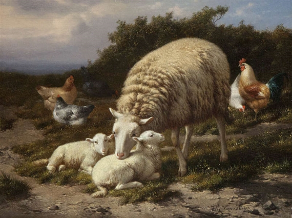 Eugène Rémy Maes | Sheep and chickens on a covered hill | MutualArt